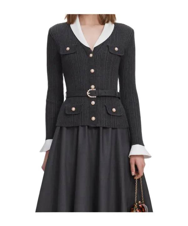 SELF-PORTRAIT Ribbed Knit Midi Dress With Belted Waist - Black