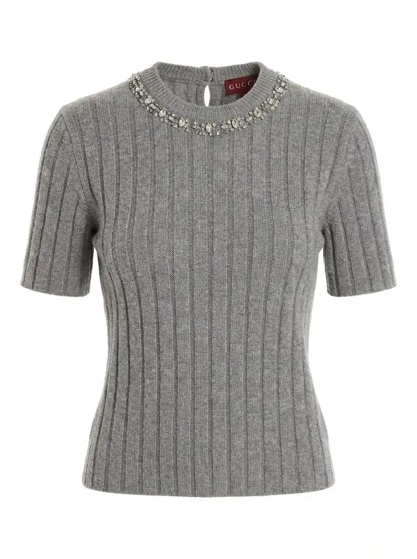 Gucci Ribbed Wool And Cashmere Top With Crystal Embellished Collar