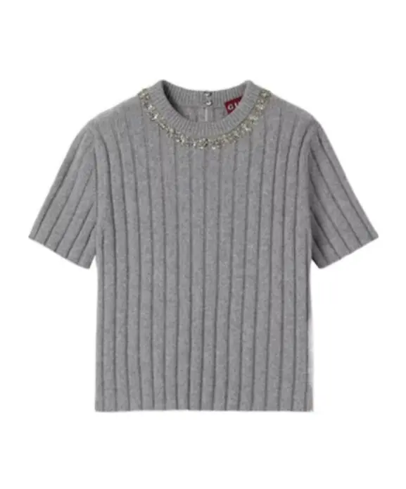 Gucci Ribbed Wool And Cashmere Top With Crystal Embellished Collar - Grey