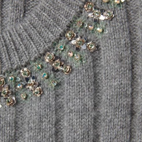 Gucci Ribbed Wool And Cashmere Top With Crystal Embellished Collar
