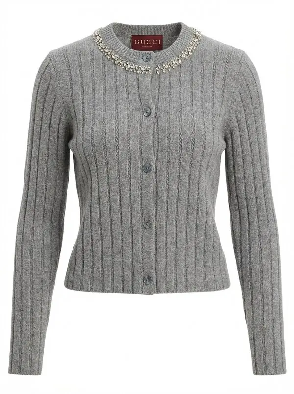 Gucci Ribbed Wool And Cashmere Cardigan With Embellished Neckline