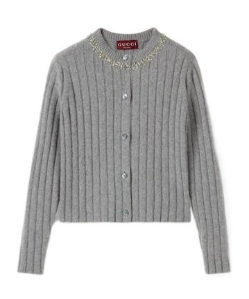 Gucci Ribbed Wool And Cashmere Cardigan With Embellished Neckline