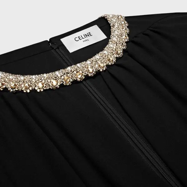 Celine Long Silk Georgette Dress With Embroidered Collar