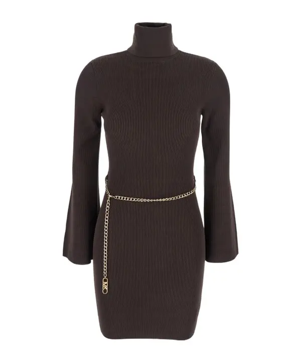 Michael Kors Ribbed Turtleneck Mini Dress With Chain Detail