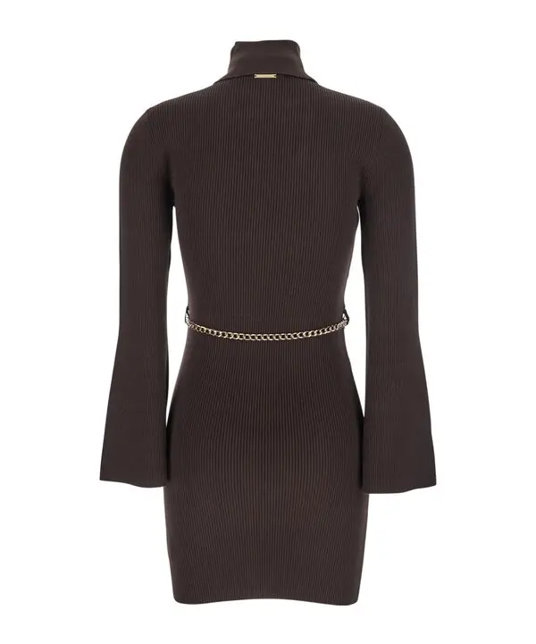 Michael Kors Ribbed Turtleneck Mini Dress With Chain Detail