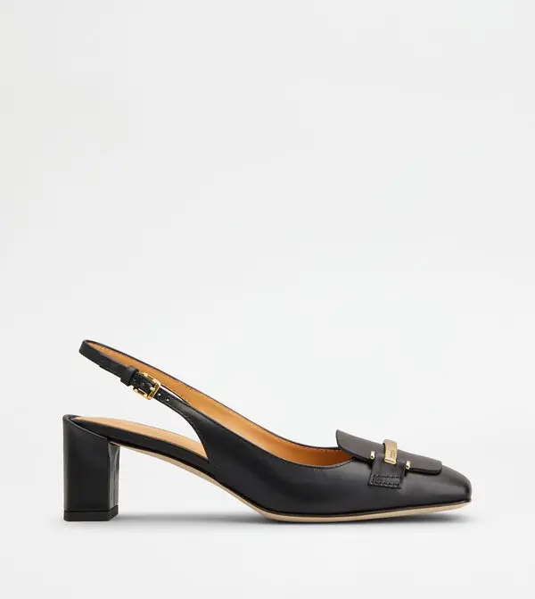 TOD'S Leather Slingback Pumps With Branded Metal Bar - Black