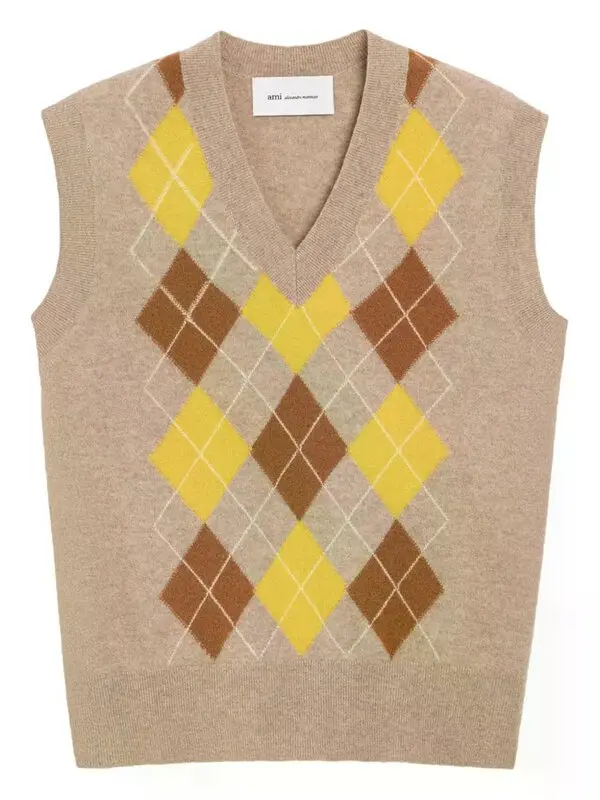 AMI Paris Argyle V-neck Sleeveless Top - Neutrals