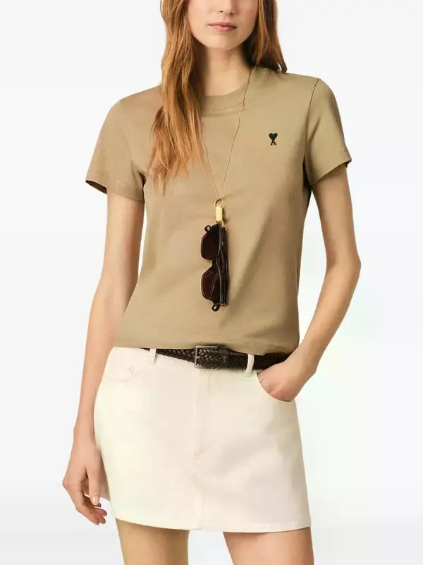 AMI Paris Cotton T-shirt With Embroidered Logo - Neutrals