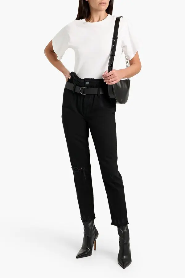 IRO PARIS Shearling-trimmed Distressed High-rise Tapered Jeans