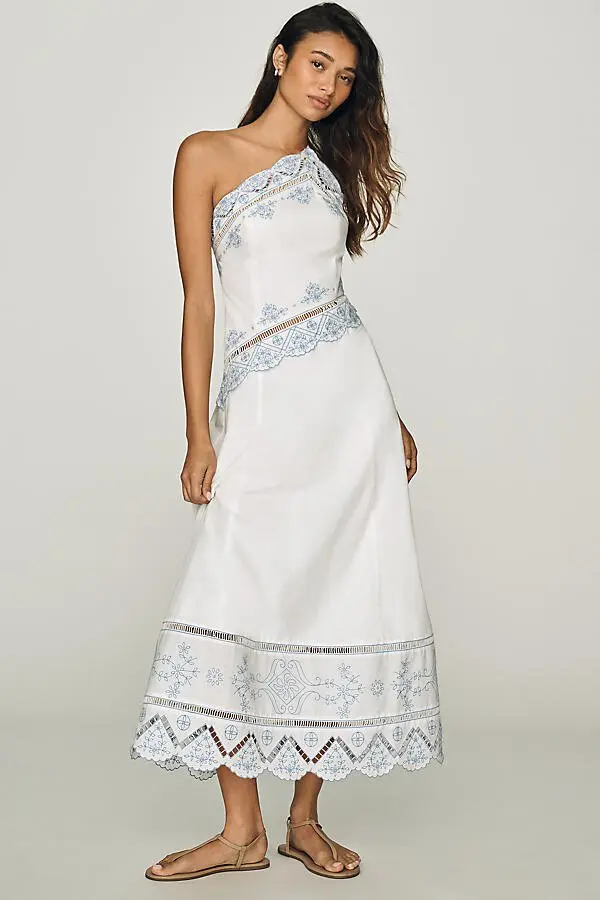 Anthropologie Cotton Cutwork One-shoulder Midi Dress