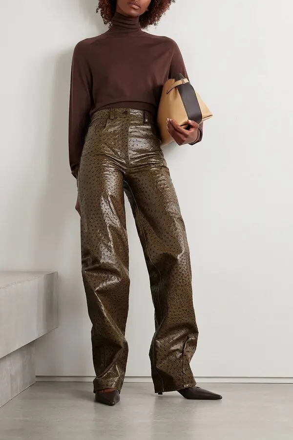 16Arlington Ostrich-effect Leather Straight-leg Pants