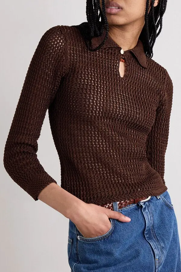 BODE Willows Crocheted Cotton Polo Sweater