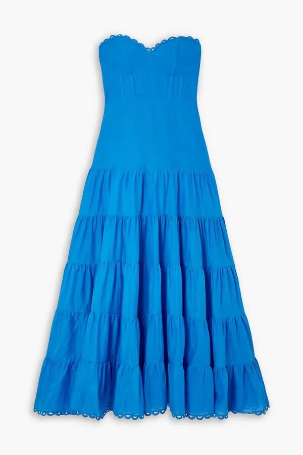 Charo Ruiz Ibiza Strapless Tiered Maxi Dress With Broderie Anglaise Trims - Azure