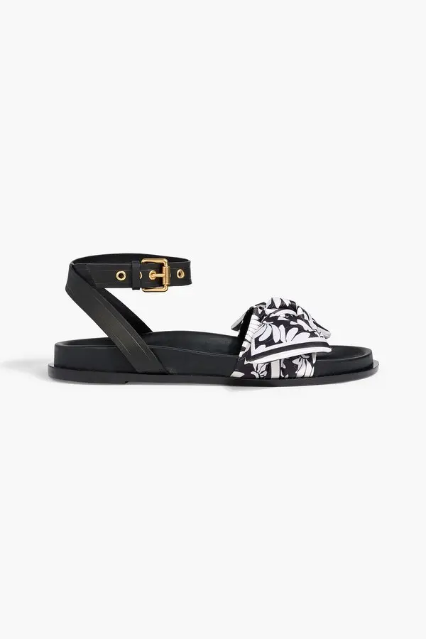 Farm Rio Bow Detailed Printed Satin And Leather Sandals - Black