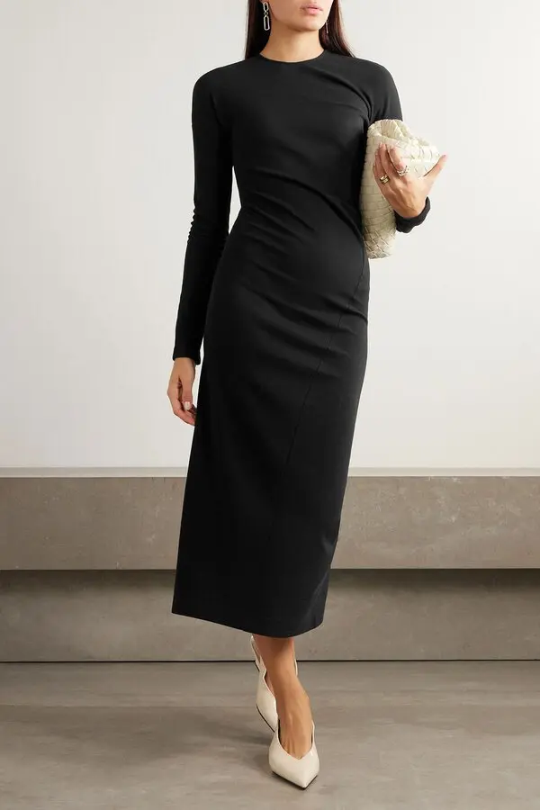 TOTEME Asymmetric Gathered Jersey Midi Dress
