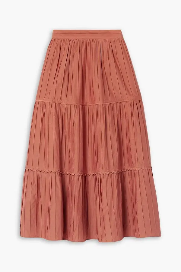 LA LIGNE Tiered Pintucked Cotton And Silkblend Midi Skirt - Peach
