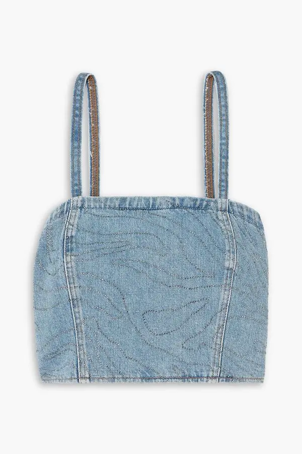 ROTATE BY BIRGER CHRISTENSEN Cropped Crystal-embellished Denim Top - Mid Denim