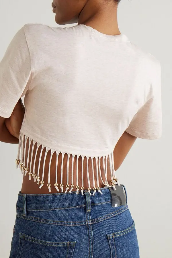 Rabanne Cropped Fringed Embellished Cotton-jersey T-shirt