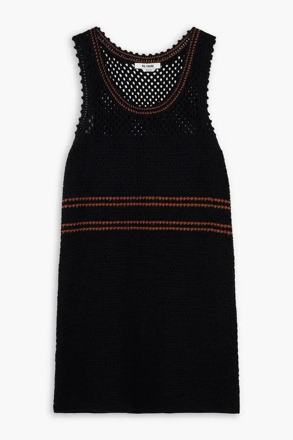 RE/DONE Striped Crocheted Cotton Mini Dress - Black