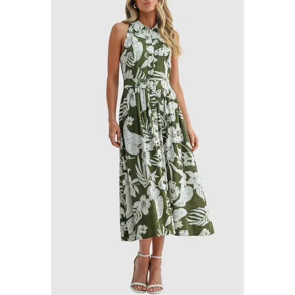 QUINCY MAE Belted Sleeveless Cotton Midi Dress - Green Floral