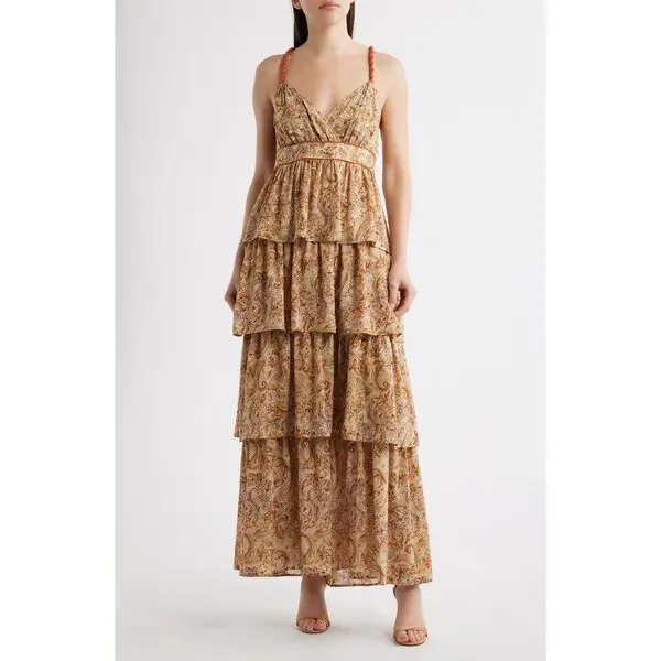 QUINCY MAE Tiered Open Back Maxi Dress - Brown Paisley