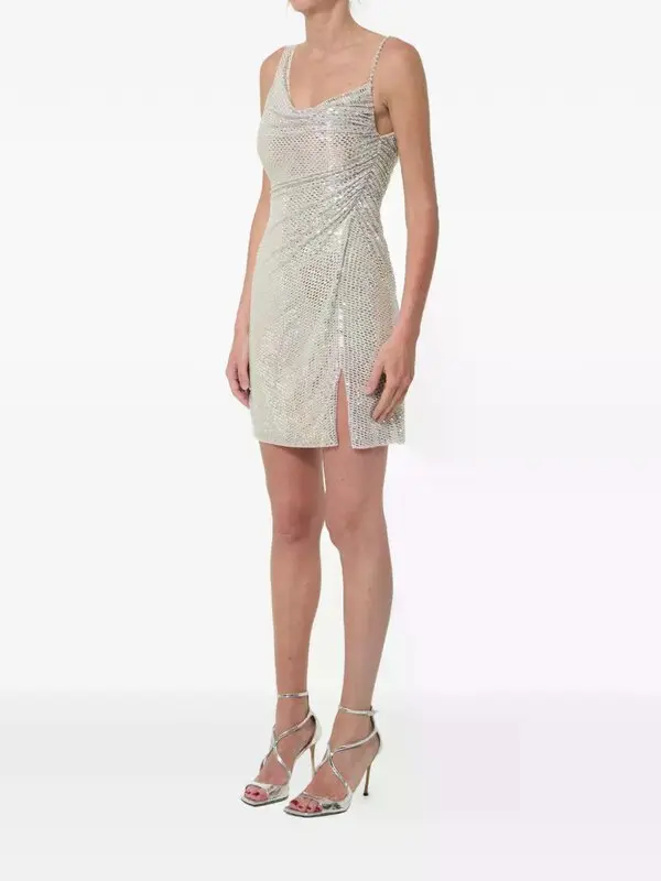SELF-PORTRAIT Rhinestone Draped Mini Dress - Silver