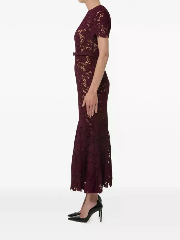 SELF-PORTRAIT Bordeaux Lace Belted Midi Dress
