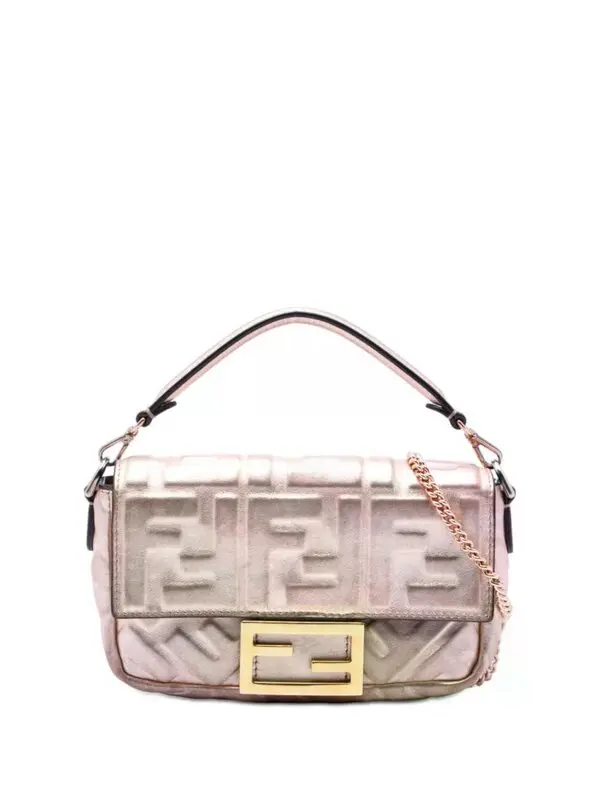 Fendi Mini Zucca Embossed Metallic Leather Baguette Satchel - Pink
