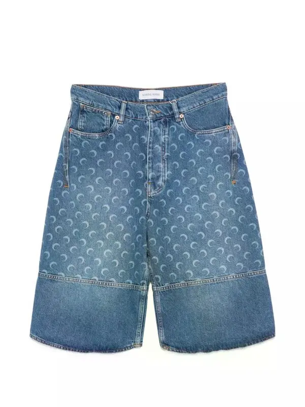MARINE SERRE Paneled Moon Print Denim Shorts - Blue