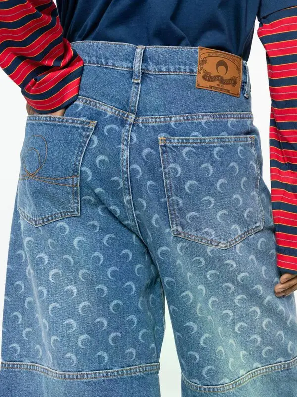 MARINE SERRE Paneled Moon Print Denim Shorts