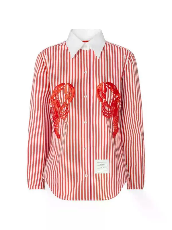Thom Browne University Stripe Lobster Appliqué Shirt - Red