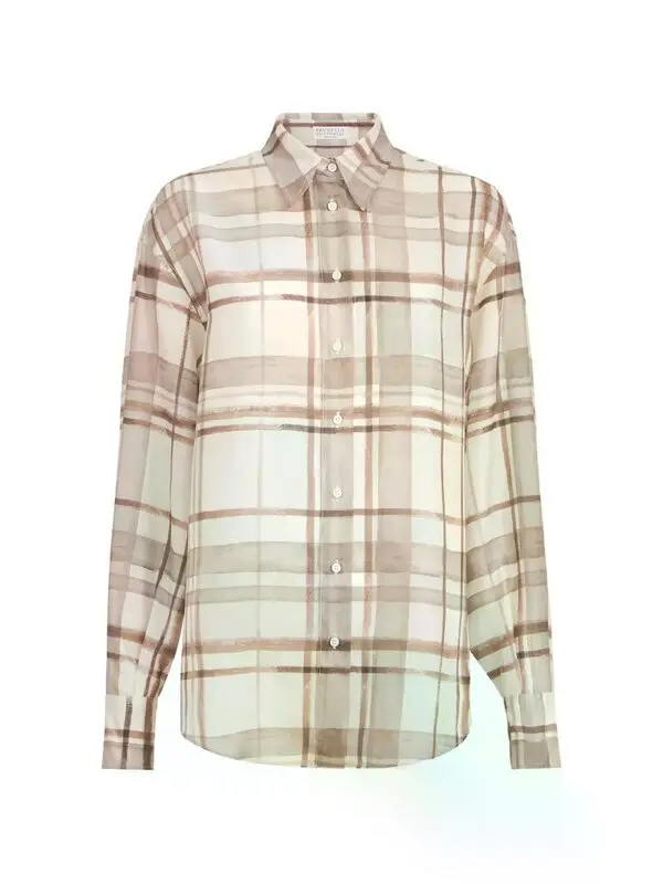 Brunello Cucinelli Silk Pongée Macrocheck Print Shirt