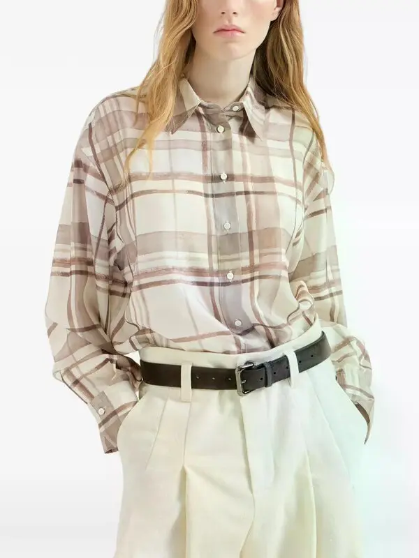 Brunello Cucinelli Silk Pongée Macrocheck Print Shirt