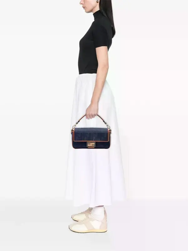 Fendi Zucca Embroidered Denim Baguette Satchel - Blue