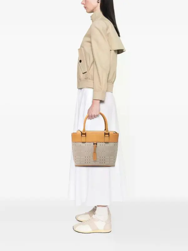 Burberry Tonal Check Canvas Handbag With Leather Trim