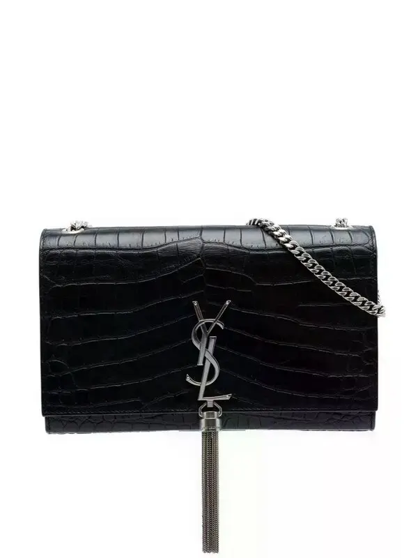 Saint Laurent Medium Croc Embossed Leather Kate Tassel Crossbody Bag - Black
