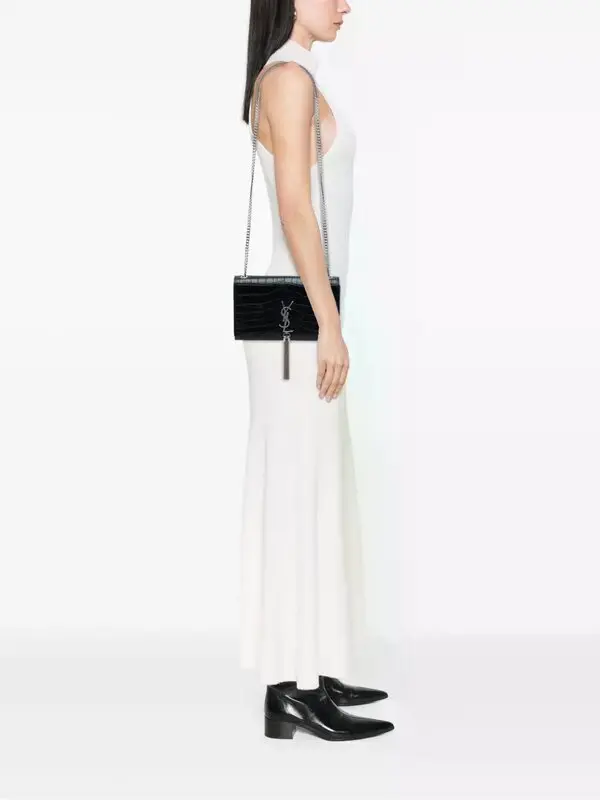 Saint Laurent Medium Croc Embossed Leather Kate Tassel Crossbody Bag