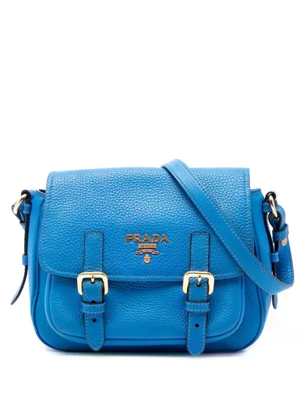 Prada Vitello Daino Double Buckle Messenger Bag - Blue