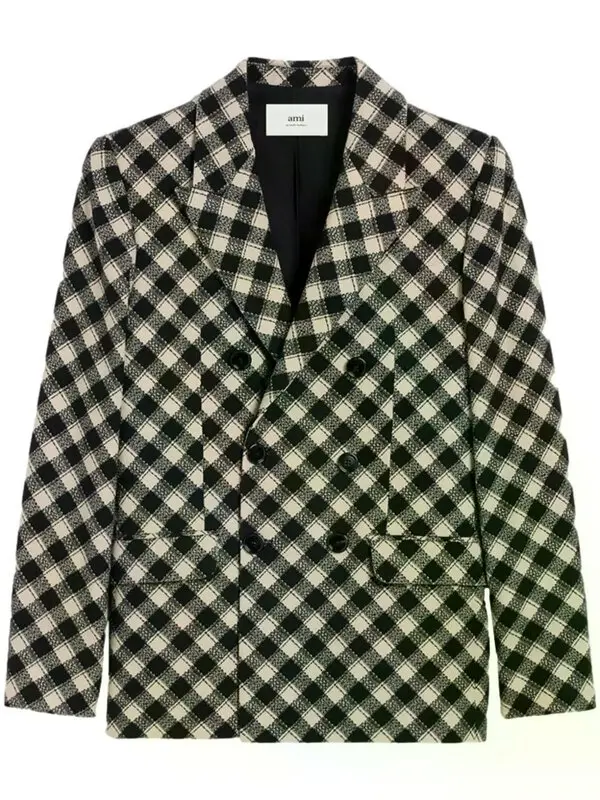 AMI Paris Check Double Breasted Wool Blazer - Black
