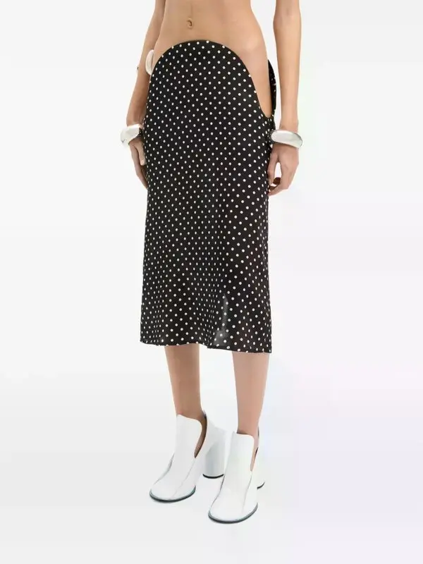 JEAN PAUL GAULTIER Polka Dot Asymmetric Waist Silk Midi Skirt - Black