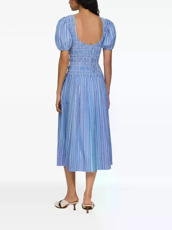 GANNI Striped Smocked-waist Dress - Blue