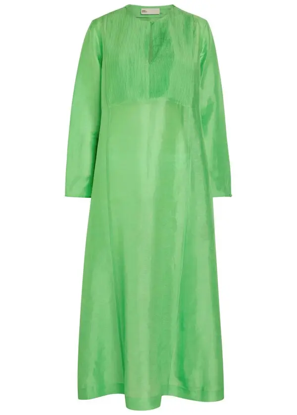 Tory Burch Pleated Linen And Silk-blend Midi Kaftan Dress - Bright Green