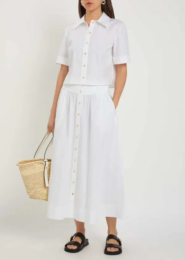 Tory Burch Romy Cotton-poplin Midi Skirt - White