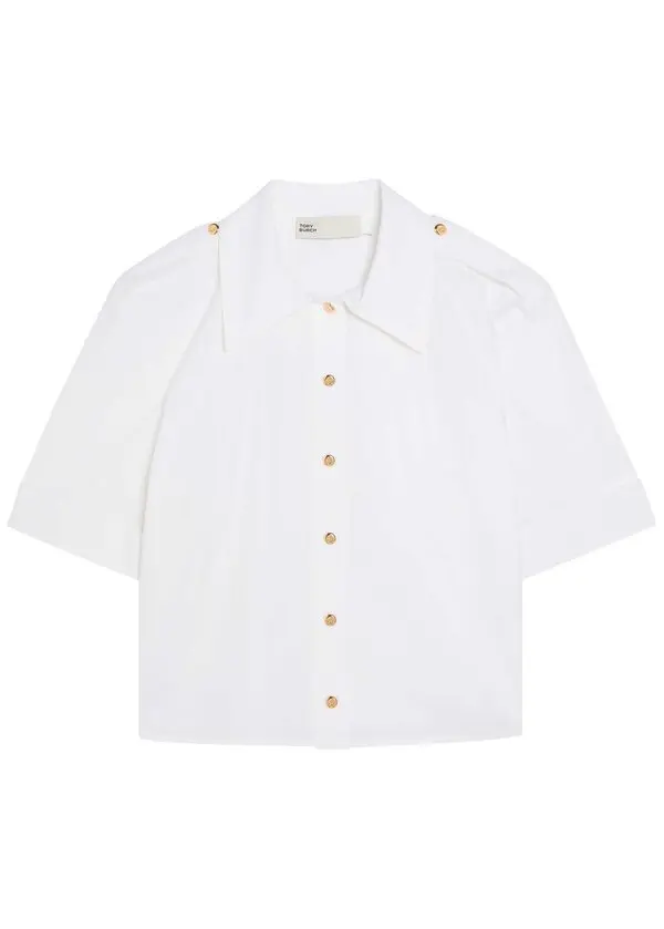 Tory Burch Romy Cropped Stretch Cotton-poplin Shirt - White