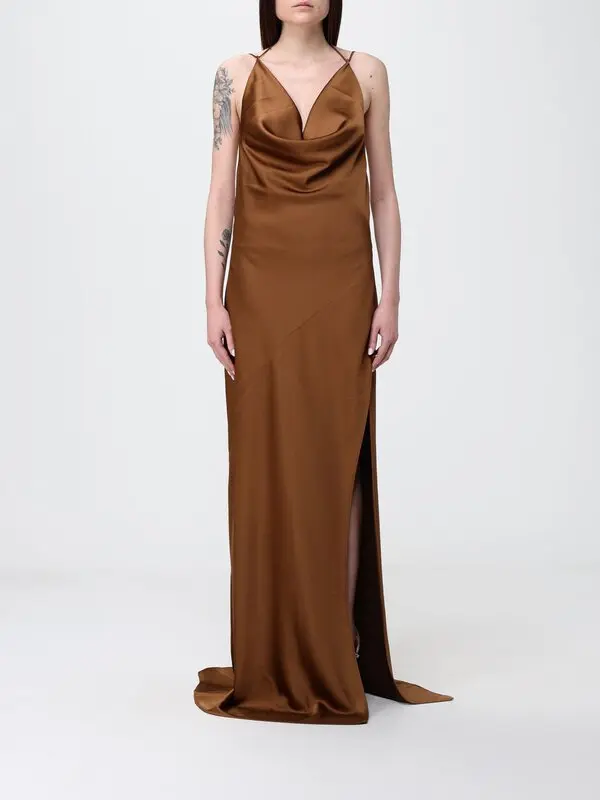 Andamane Satin Maxi Dress With V-neck And Train - Bronze