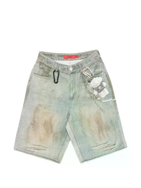 ACUPUNCTURE 1993 Denim Distressed Chain-link Shorts - Blue