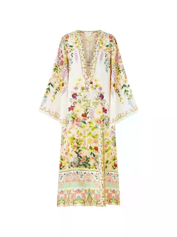 Camilla Deep V-neck Floral Linen Dress - Neutrals