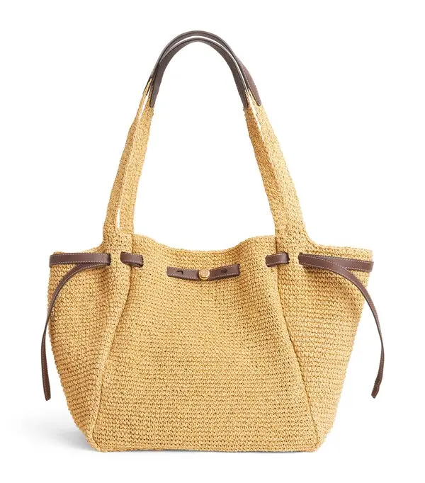 Tory Burch Raffia Leather Romy Tote Bag - Beige