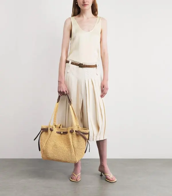 Tory Burch Raffia Leather Romy Tote Bag - Beige
