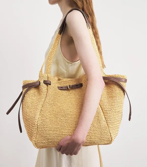 Tory Burch Raffia Leather Romy Tote Bag - Beige